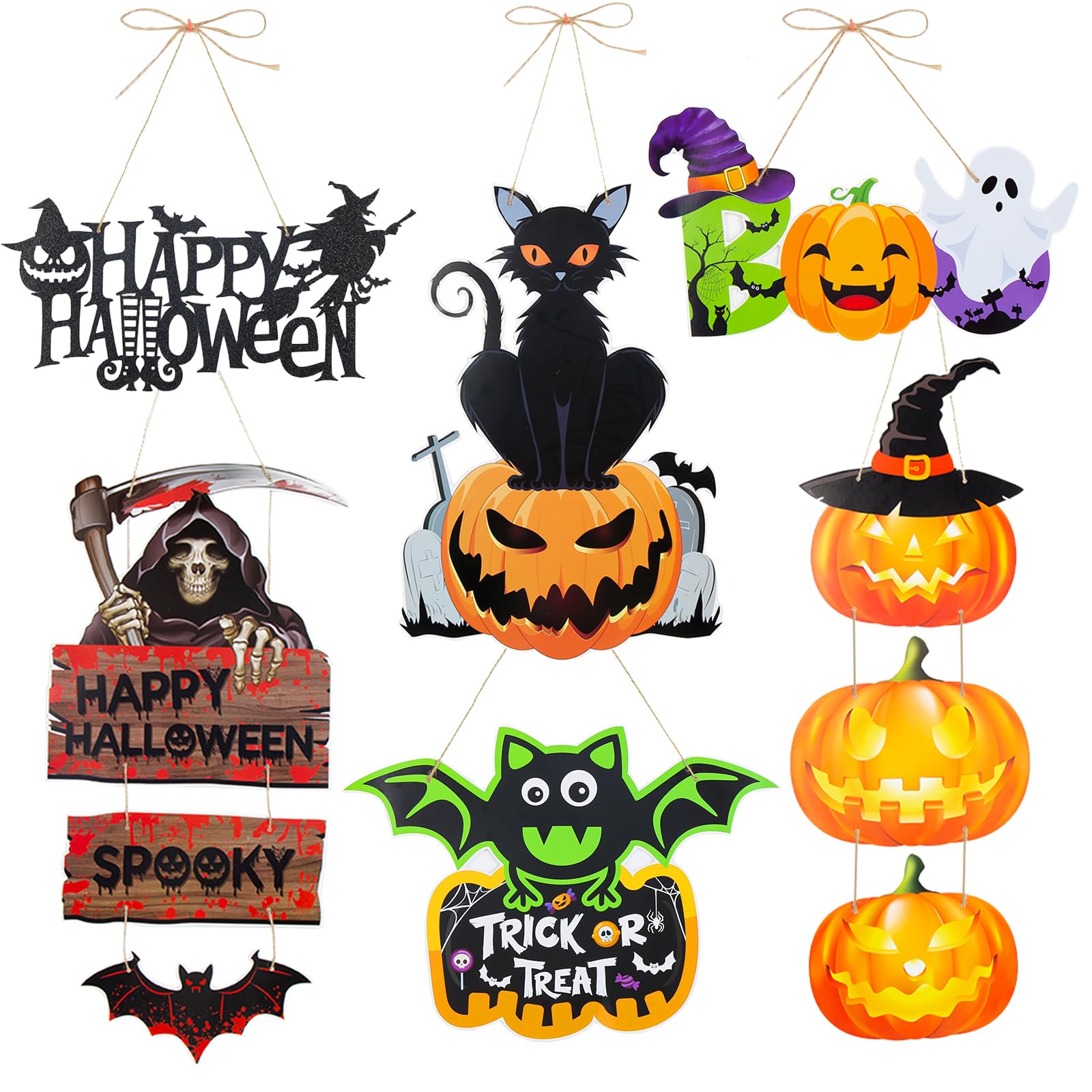 JroyJoy 6 Pcs Halloween Decorations Halloween Door Hanging Signs Trick or Treat Halloween Decor for Home Pumpkin Bats Ghost Black Cat for Outdoor & Indoor Wall Decor Yard & Home Party