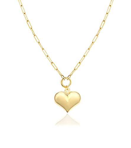 Jewelry Atelier Gold Filled Heart Necklaces – 14K Yellow Gold Filled Hearth Pendant with Solid Clip Chain for Women (Different Sizes and Styles with Extension/Adjustable Chain) (Puffed)