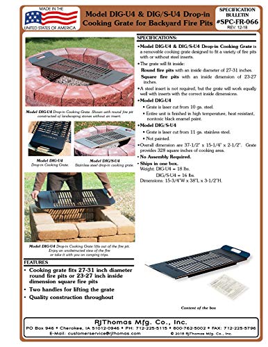 Pilot Rock Drop-in Cooking Grate for Round or Square Fire Pits DIG-U4 Park Grill - Made in The USA -
