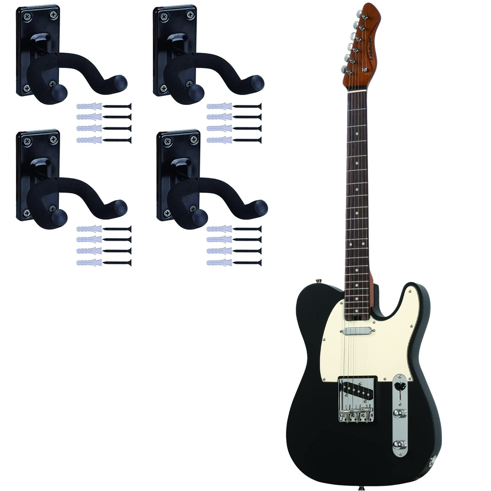 Latitude Classic Electric Guitar Vintage Tele Style - Black + Guitar Wall Mount Bass Guitar Holder