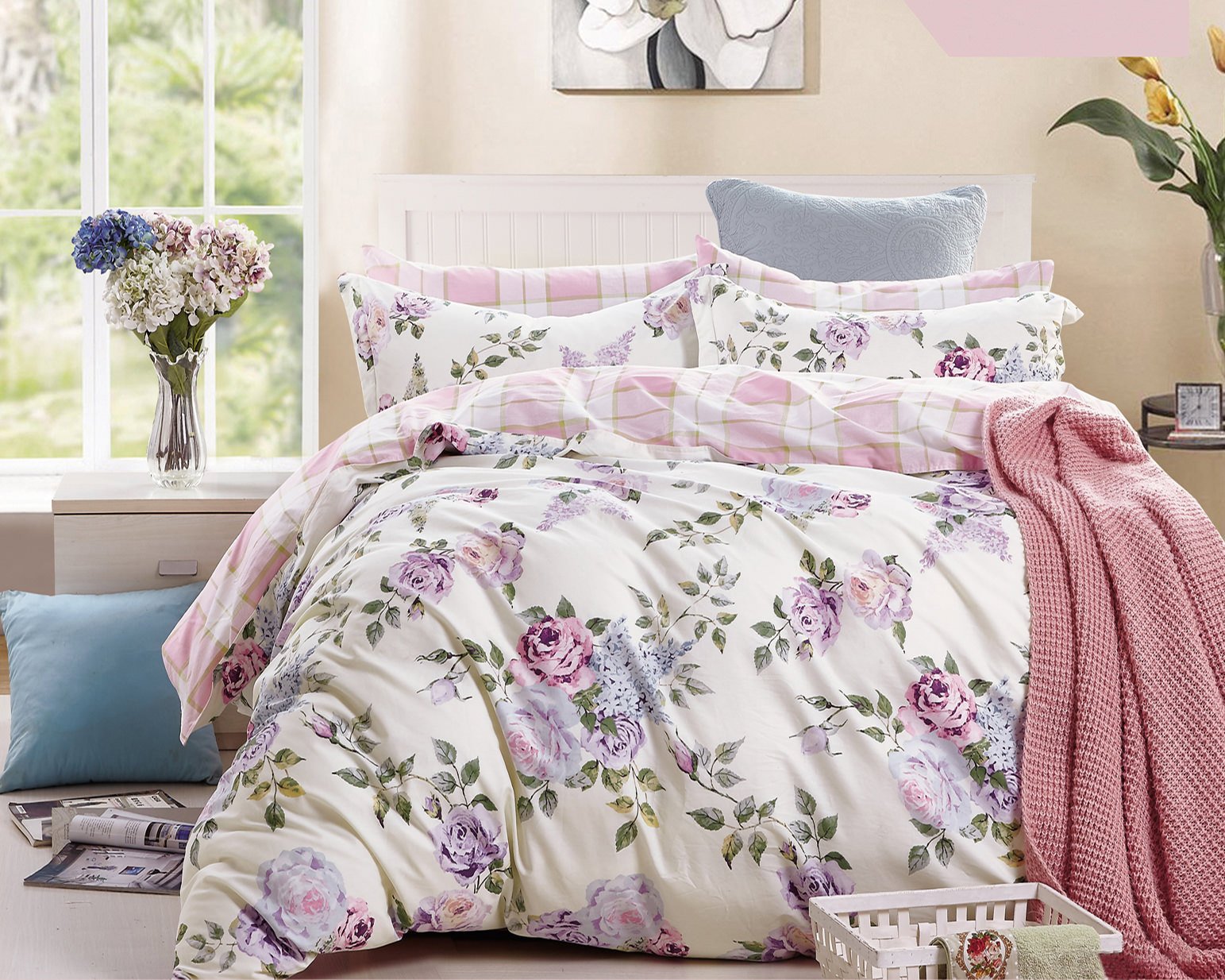 Swanson Beddings Pink-Purple Roses 5-Piece 100% Cotton Bedding Set: Duvet Cover, Two Pillowcases and Two Pillow Shams (King)