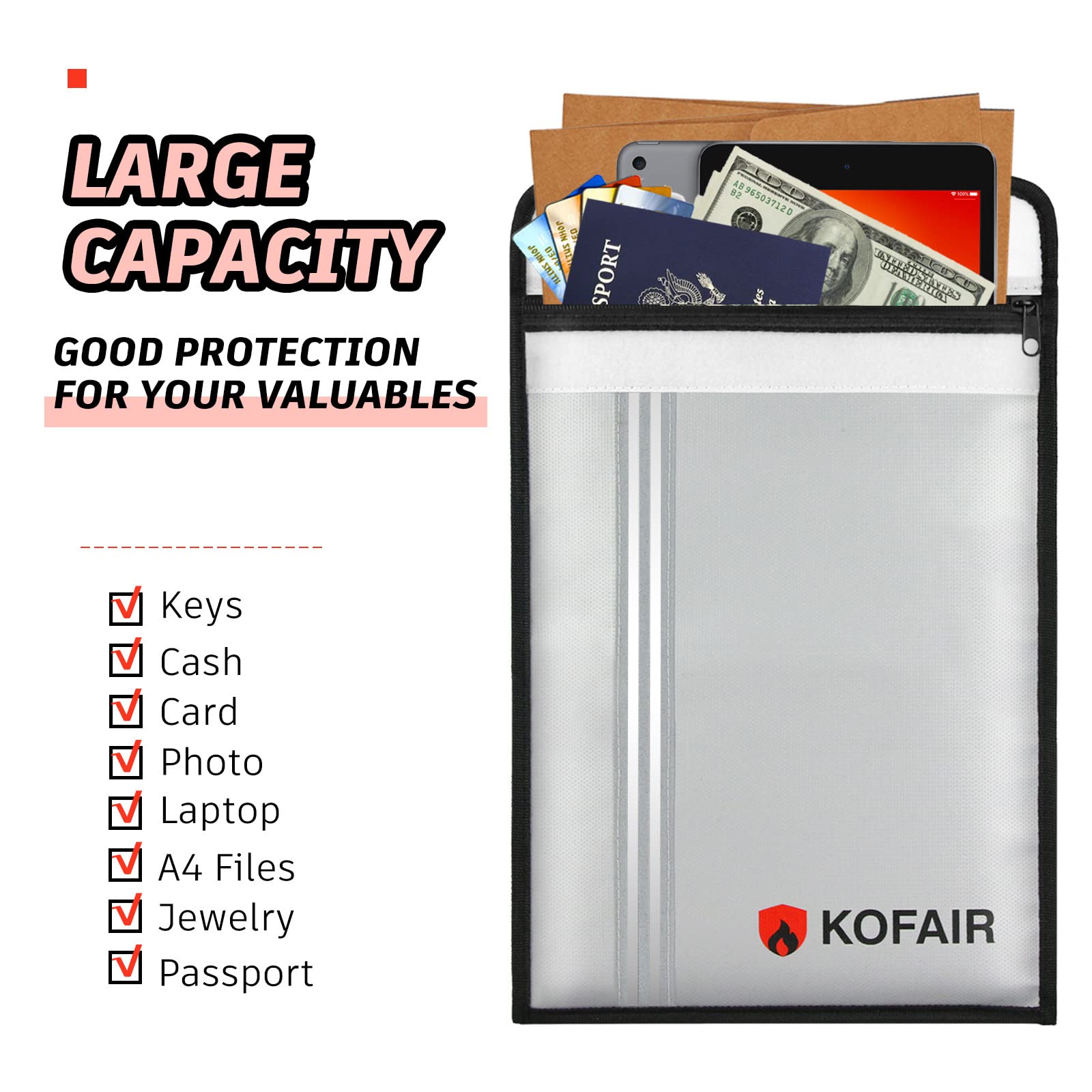 KOFAIR Fireproof Document Bag with Reflective Strip & Waterproof Zipper (15 x 11 inch), Fireproof Money Bag, Fireproof Envelope for Cash, Important Document Storage Fireproof Safe Bag (Gray)