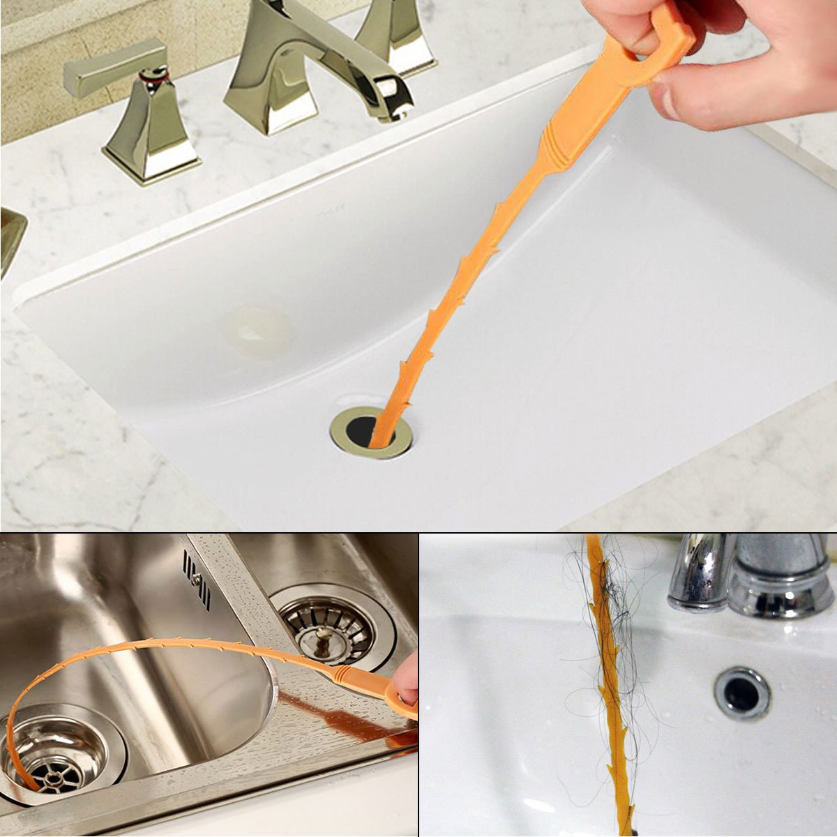 Omont Drain Clog Remover Tool, 6 Pack Drain Hair Clog Remover Tool, Sink Drain Clog Remover, 24 Inch Drain Cleaner Tool for Sink, Tube Drain Cleaning (Orange)…
