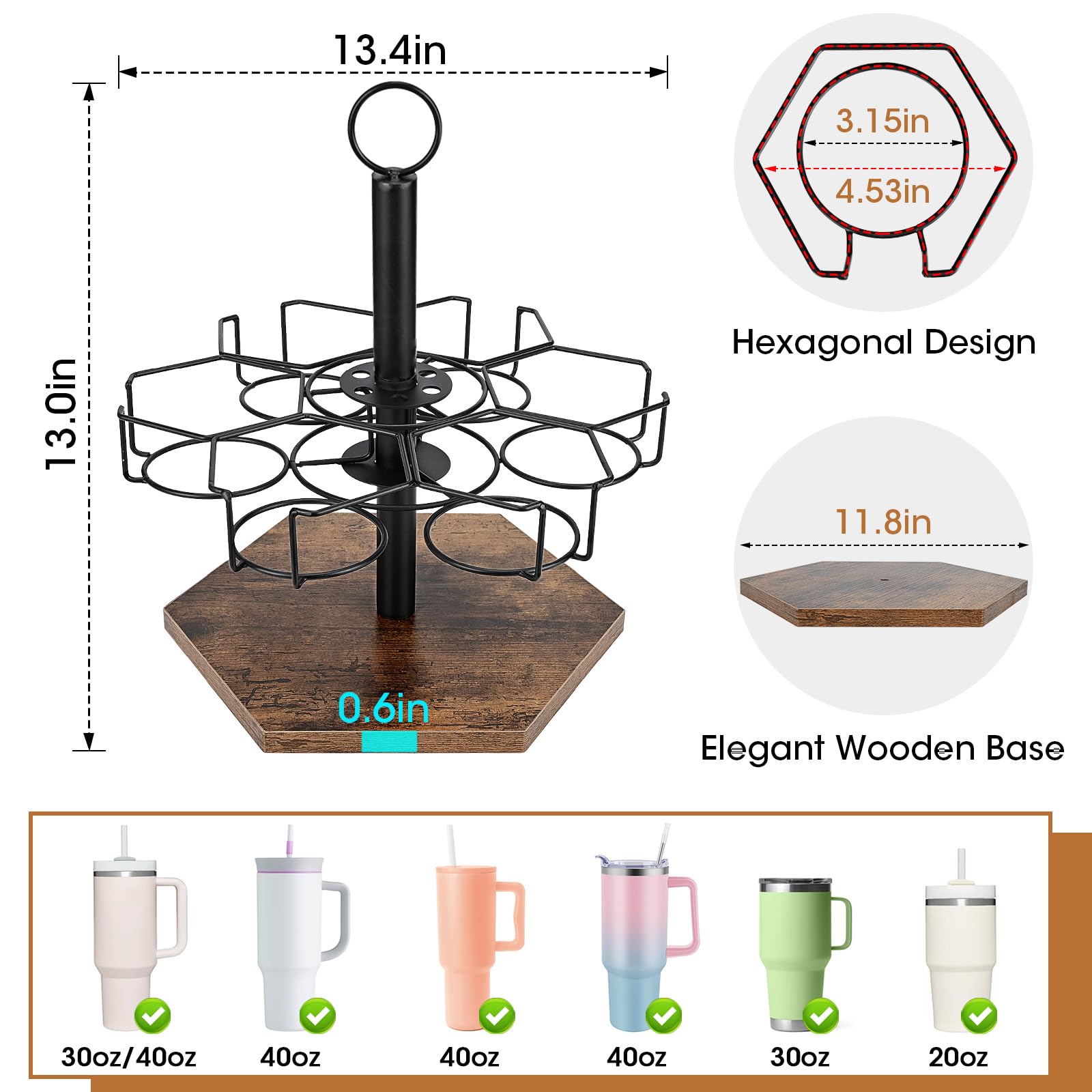 Stanley Cup Holder for Tumbler With Handle, 360° Rotating Stanley Cup Organizer Water Bottle Storage 20/30/40oz Kitchen, Hexagonal Spinning Tumblers Organizer Countertop Cabinet 6 Slots Mugs Turn Rack