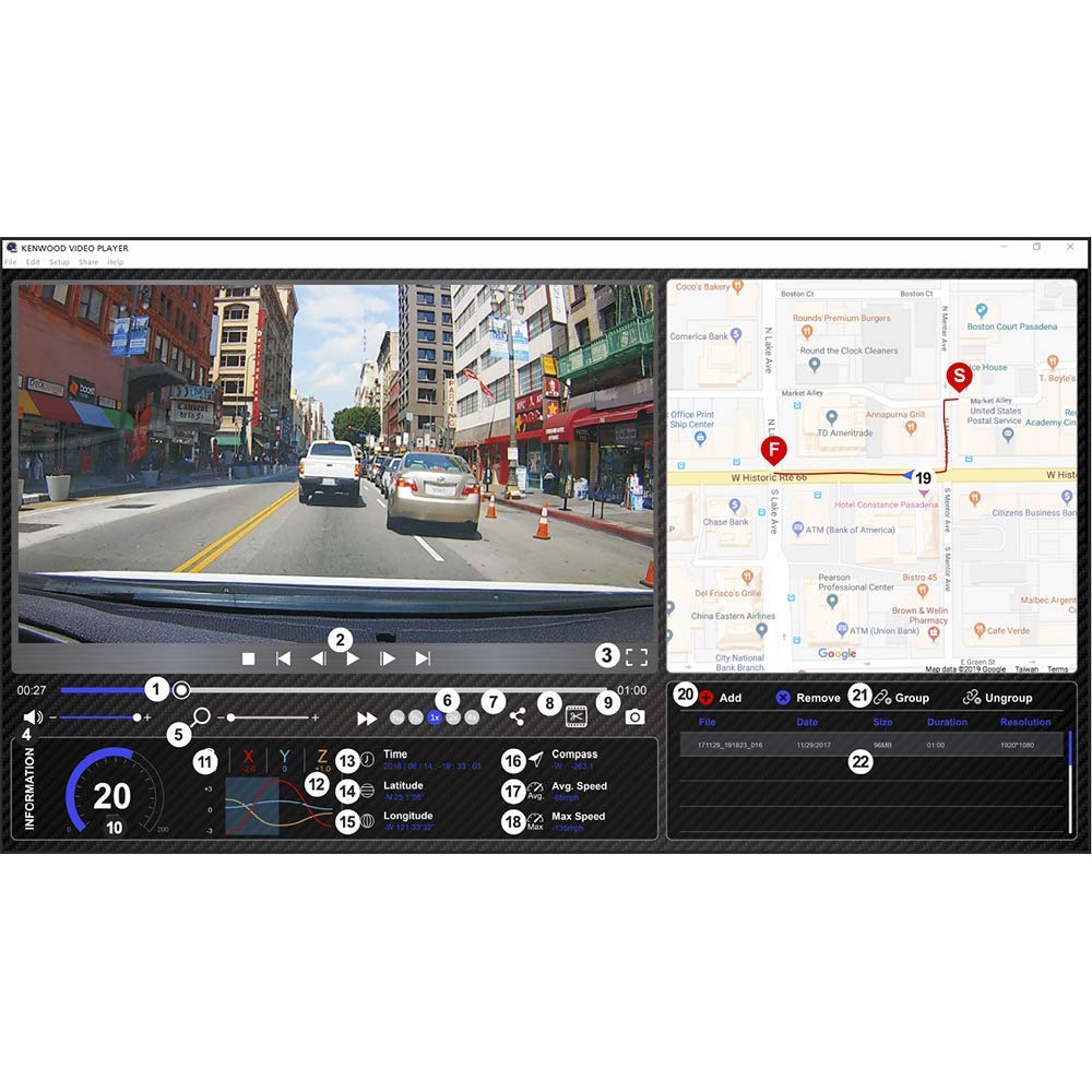 Kenwood HD dash cam with 2.7" display, GPS, and Wi-Fi - DRV-A301W