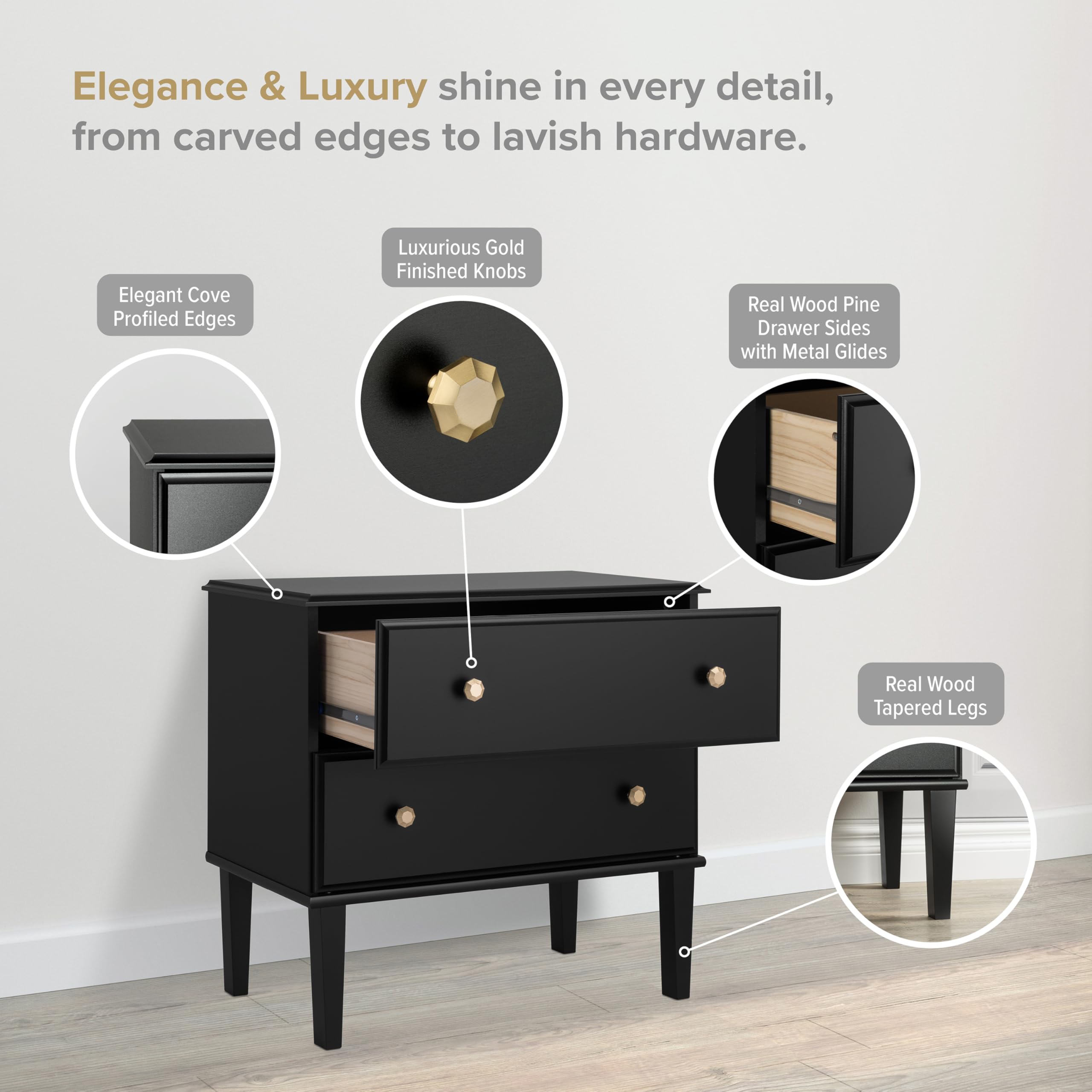 Prepac Lux Nightstand Bedside Table, Black Nightstand for Bedroom, End Table with 2 Drawers 16" D x 27.75" W x 25" H, BDNR-2302-1