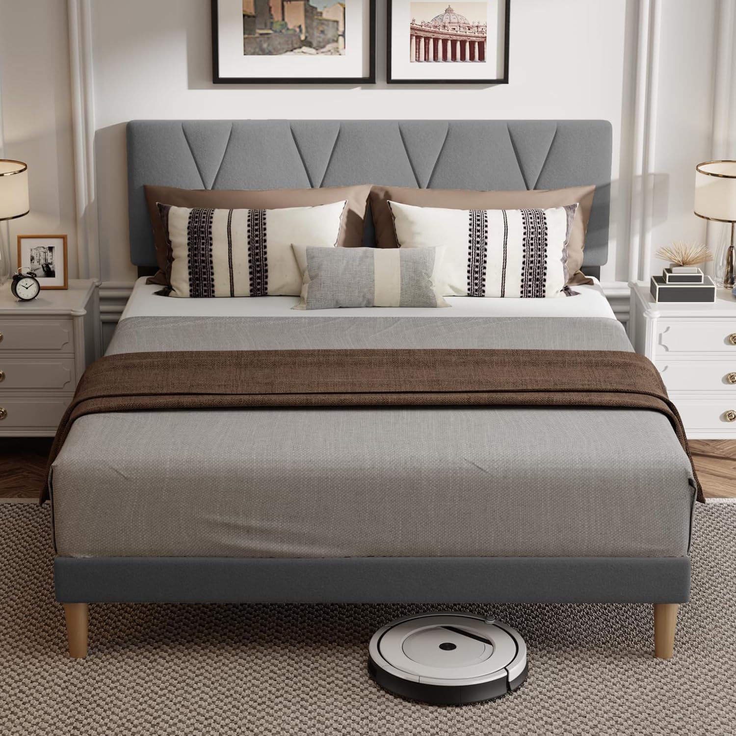 Gizoon Queen Bed Frame with Adjustable Velvet Headboard, Upholstered Platform Bed Frame with Sturdy Metal Frame, Wooden Slats, Noise-Free, No Box Spring Needed (Dark Grey, Queen)
