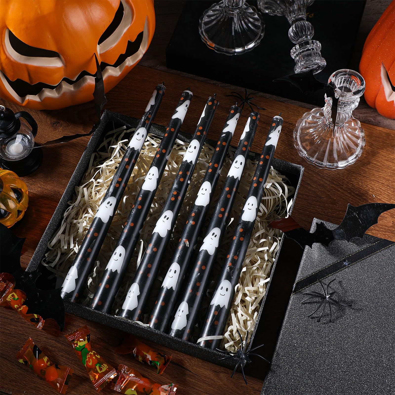 Threlaco 6 Pcs 9.8" Black Halloween Taper Candles Ghost Candles Unscented Taper Candles Ghost Halloween Decor for Halloween Dinner Table Party Gift Home Decorations