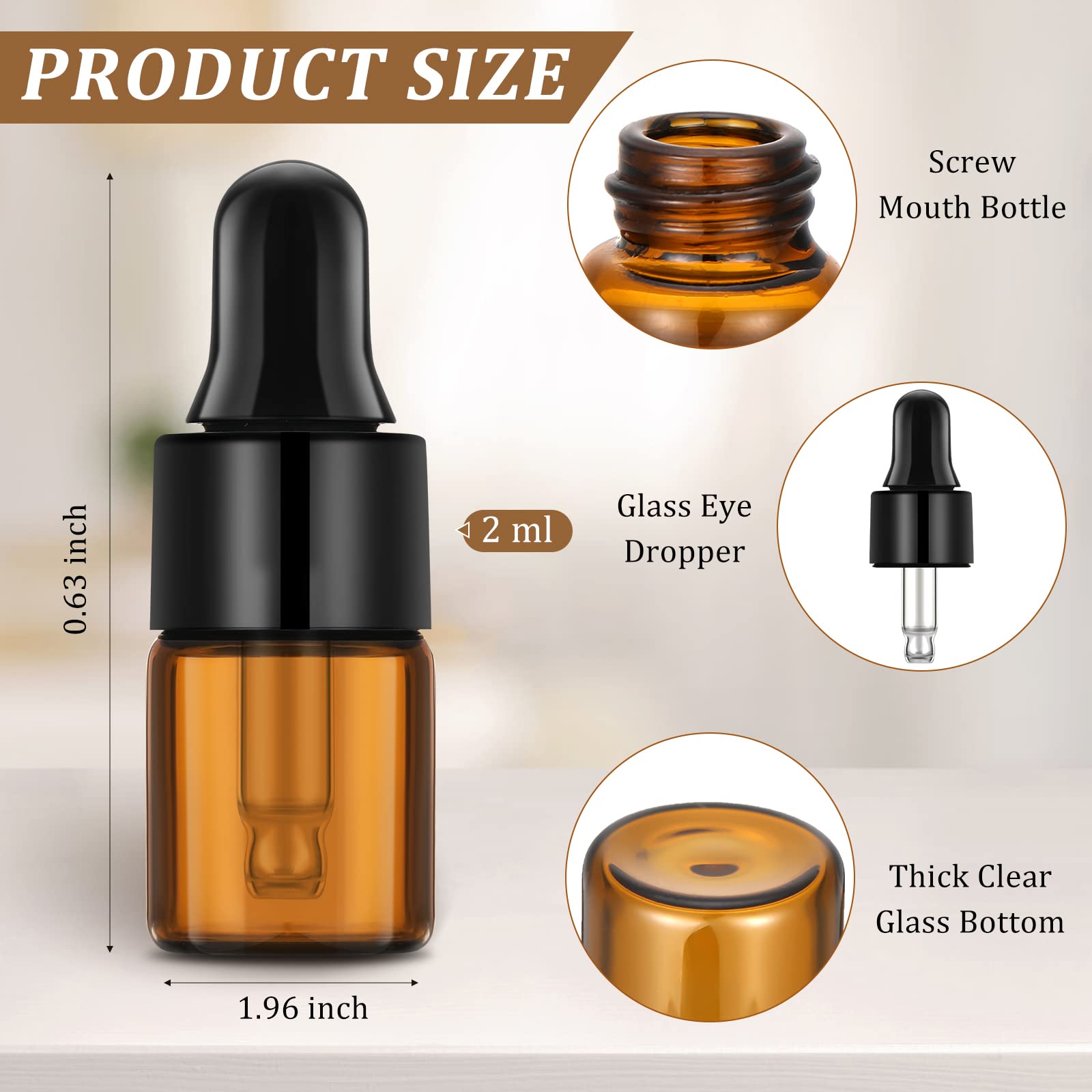Nuogo 100 Pcs Amber Glass Mini Dropper Bottles Essential Oil Dropping Bottles Small Empty Sample Bottles Glass Vial with Dropper and Black Caps Tiny Amber Glass Bottles Perfume Jars for Traveling