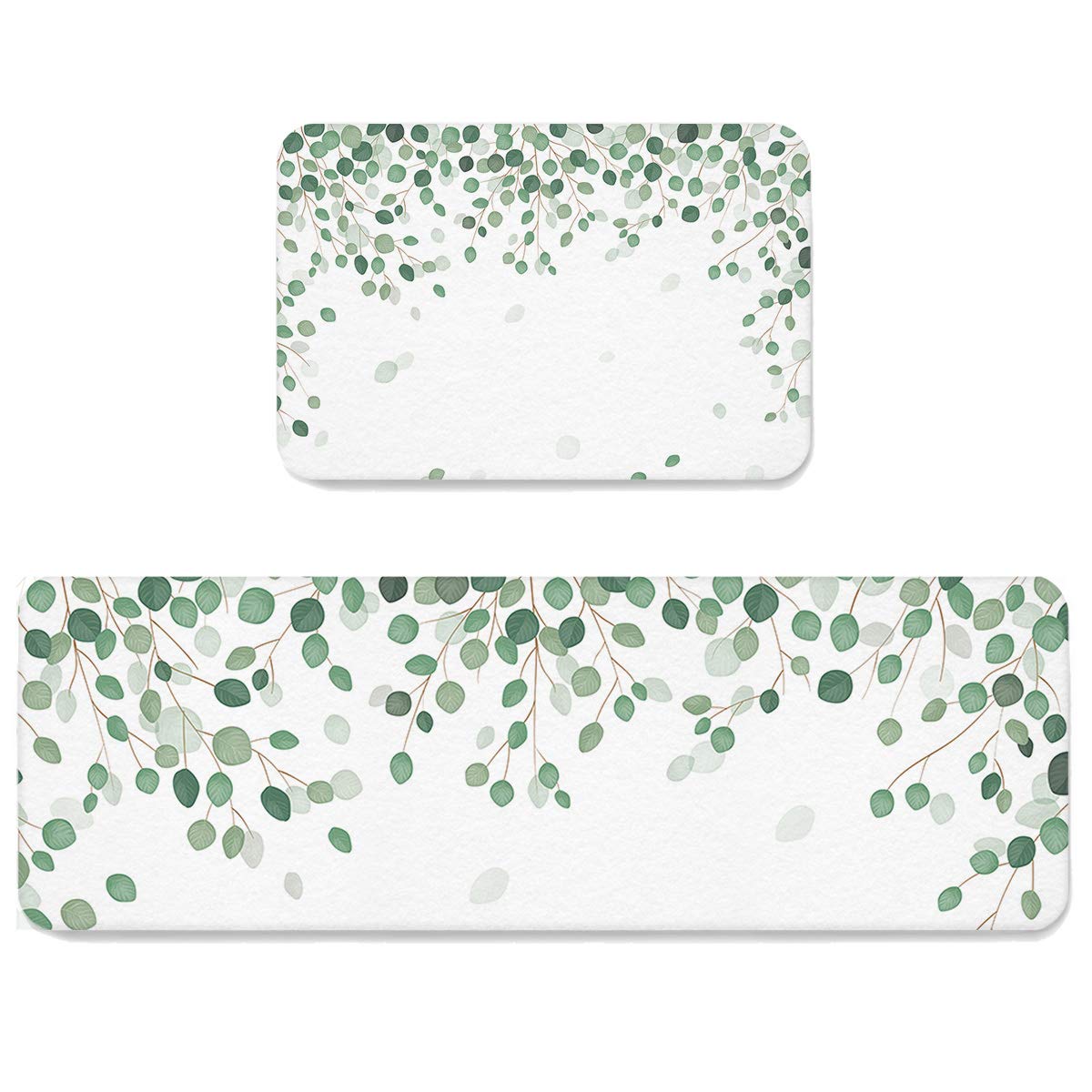 Kitchen Mat Set of 2 Anti-Fatigue Kitchen Rug, Watercolor Green Eucalyptus Nature Non-Slip Kitchen Mats and Rugs, Kitchen Doormat Runner Rug for Floor Home Office Sink Laundry, Spring Plant Green Leaf