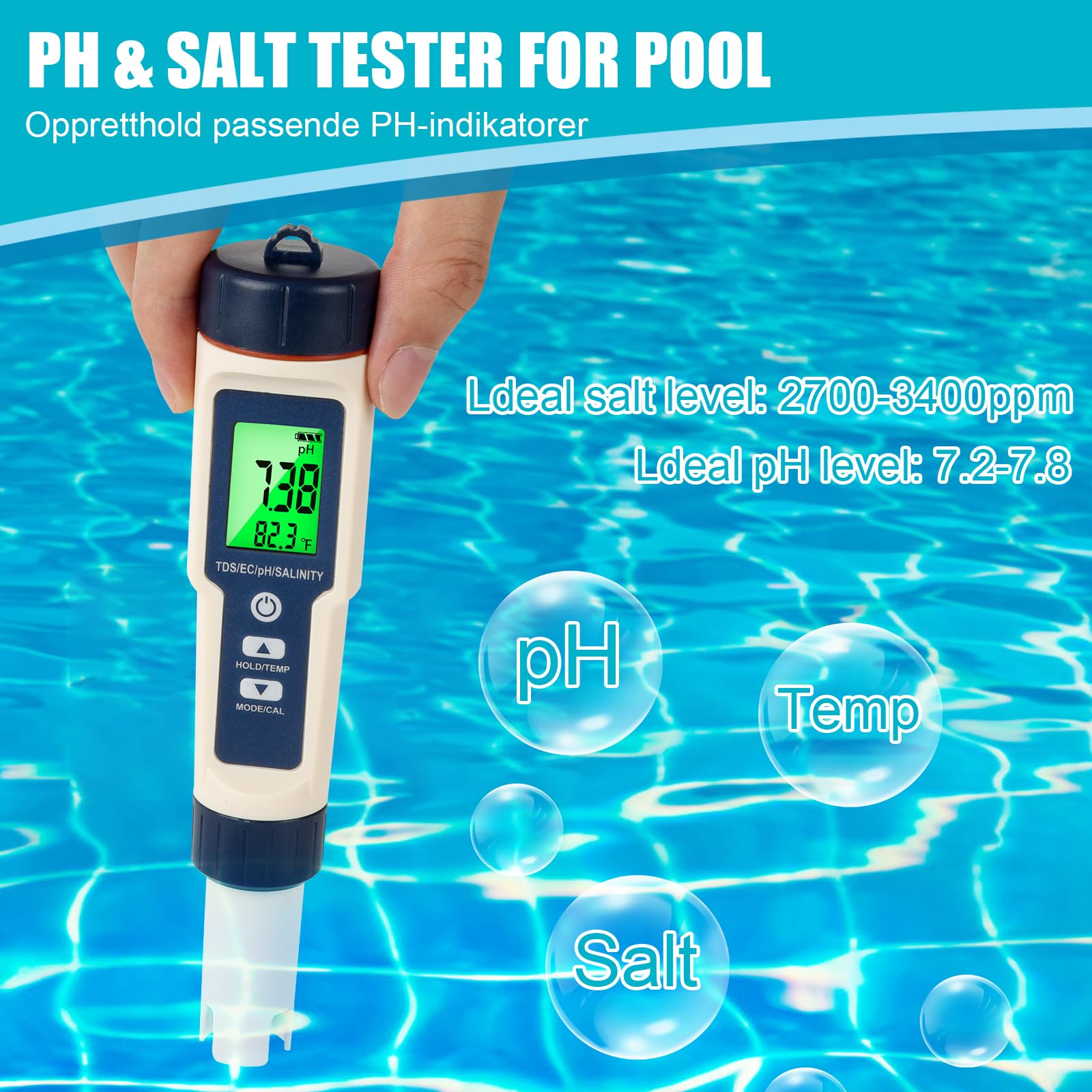 PH Meter & TDS Meter, 5 in 1 Salinity PH Temp EC and TDS Tester, 0.01 High Accuracy Digital Display, LCD Backlit, ATC, IP67, for Swimming Pool, Drinking Water, Hydroponics and Aquarium