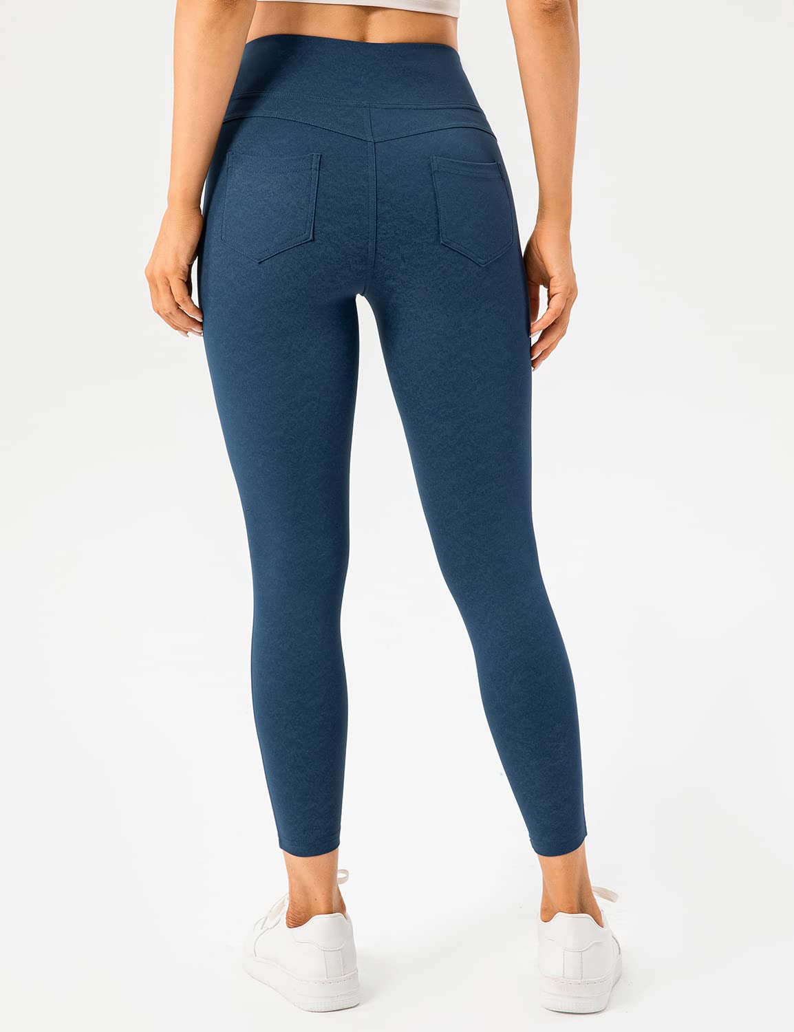Lavento Women's Stretch Jean Leggings 23" - Mid-Rise Yoga Jeggings with Rear Pockets (Black, 6)