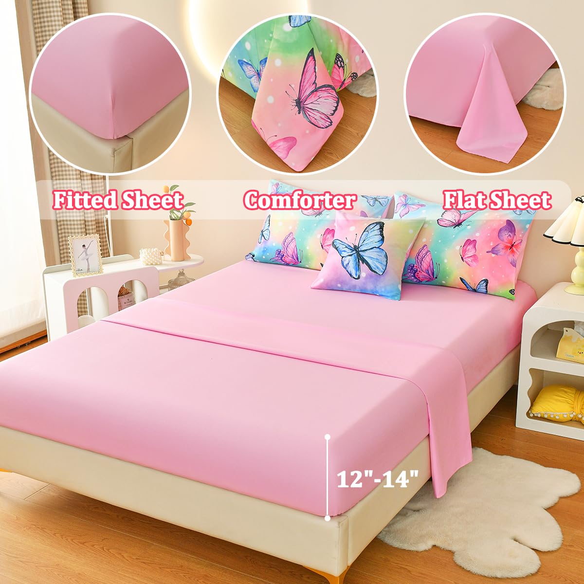 Tasselily Butterfly Bedding Set Full, Pink Butterfly Comforter Set for Girls Kids Teens 6 pcs Bed in a Bag Full Bedding Sets for Girls