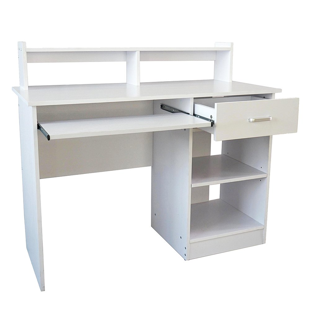 Goujxcy Computer Desk with 2 Organizer Shelf One Storage Drawer, Keyboard Tray, Home Office Writing Workstation Table, Laptop Desk, Bookshelf, Space-Saving, White