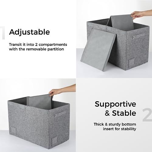Joyibay Large Storage Box Chest Storage Organizer with Lid & 2 Adjustable Compartments, Collapsible Kids Boxes Basket Bins with Sturdy Handles for Boys and Girls, Nursery, Playroom (Grey)