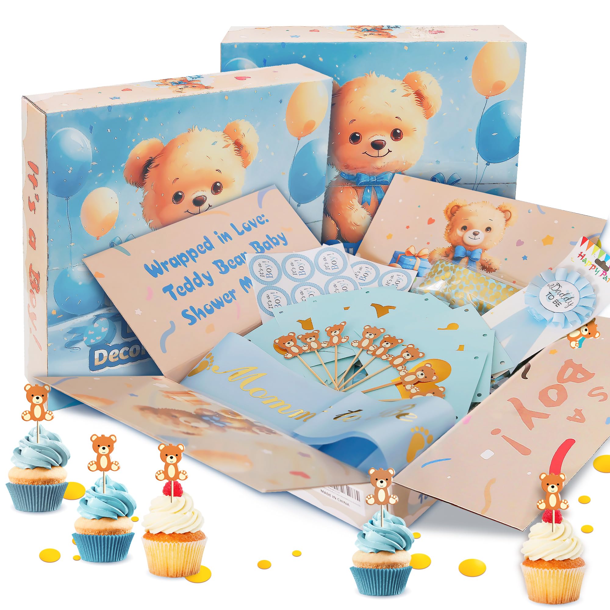 Party Spot!Bear Baby Shower Decorations Boy,80 pcs Balloons,4 Wood Grain Blocks with Letter,"We can bearly wait" Backdrop,Banner,Tablecloth,Balloon Pump, Blue Brown Bear Theme