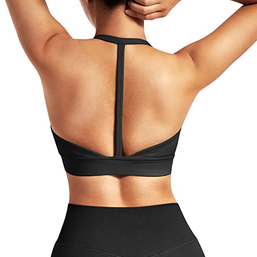 MOOSLOVER Women Strappy Sports Bra Crisscross Back Yoga Bras Padded Backless Medium Support Tops(L,#6 Black (Y back)-215)