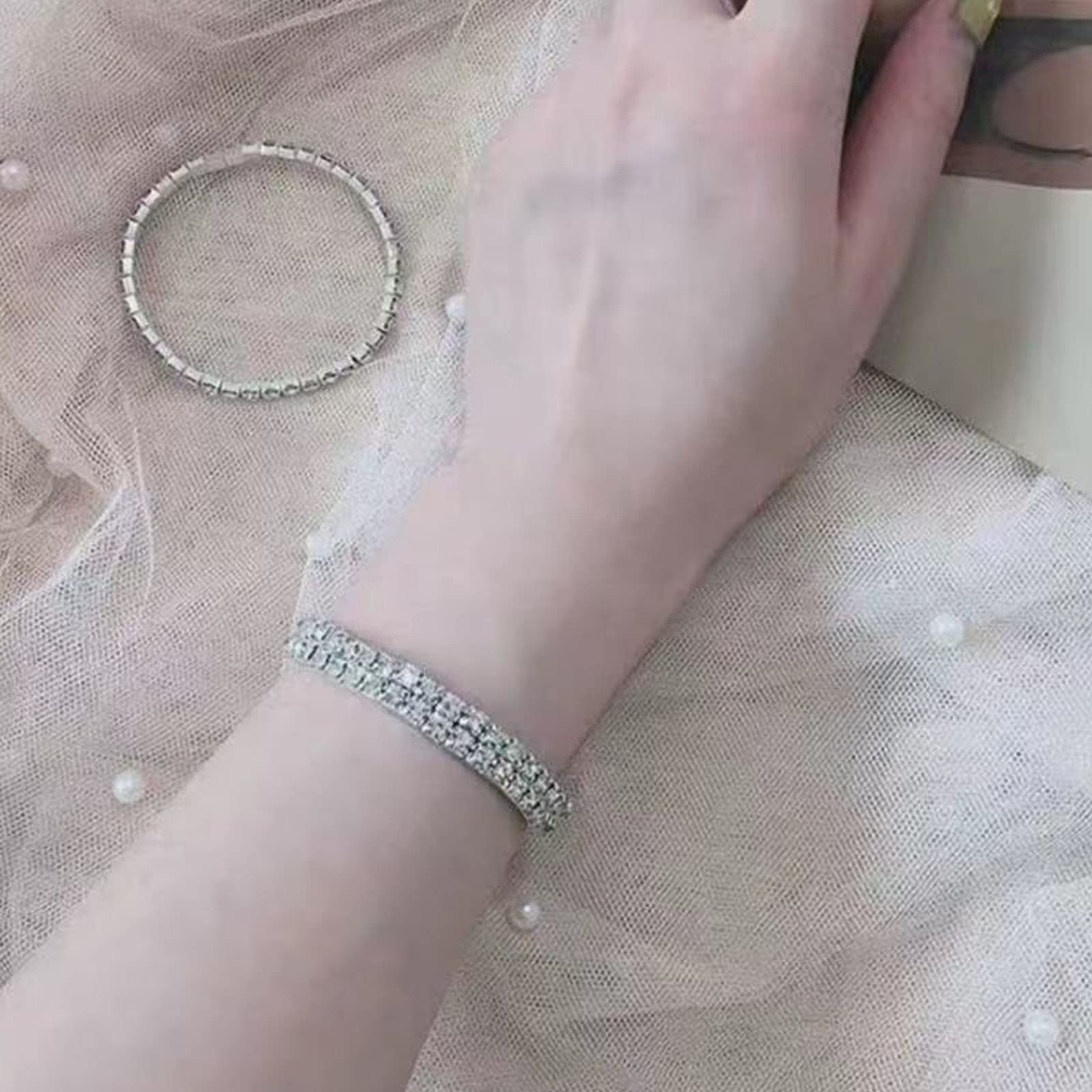 HLIN Rhinestone Bracelet for Women 5Pcs Strand Stretch Silver-tone Sparkling Bridal Tennis Bangle
