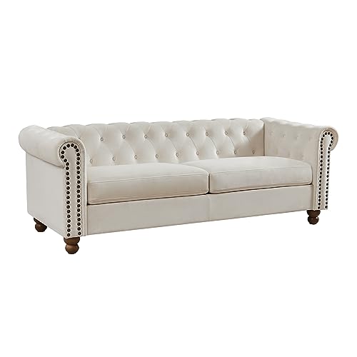 HMFULE 80.31'' Classic Traditional Loveseat Sofa 3 Seat Tufted Upholstered Couch with High-tech Fabric Nailhead Scrolled Arms for Living Room Apartment Office (White1)