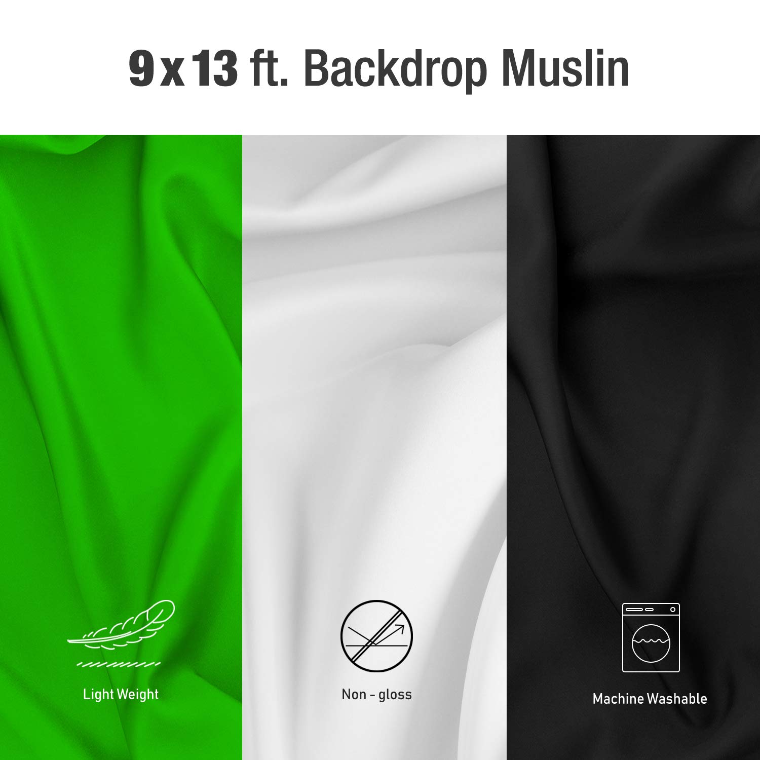 Julius Studio 9 x 13 ft. White, Black, Green Chromakey Background Backdrop Screen Bundle, Premium High Density > 150GSM Fabric A+ Grade, Wrinkle Resistant, Video Studio, Party, Events, PROMO05_AM1