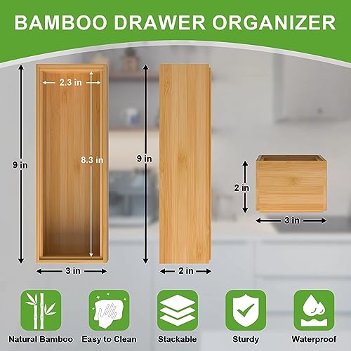 Lixple Bamboo Drawer Organizer - Set of 2, Stackable Storage Box, Silverware Tray for Drawer, Small Gadgets Holder 9β x 3β x 2β