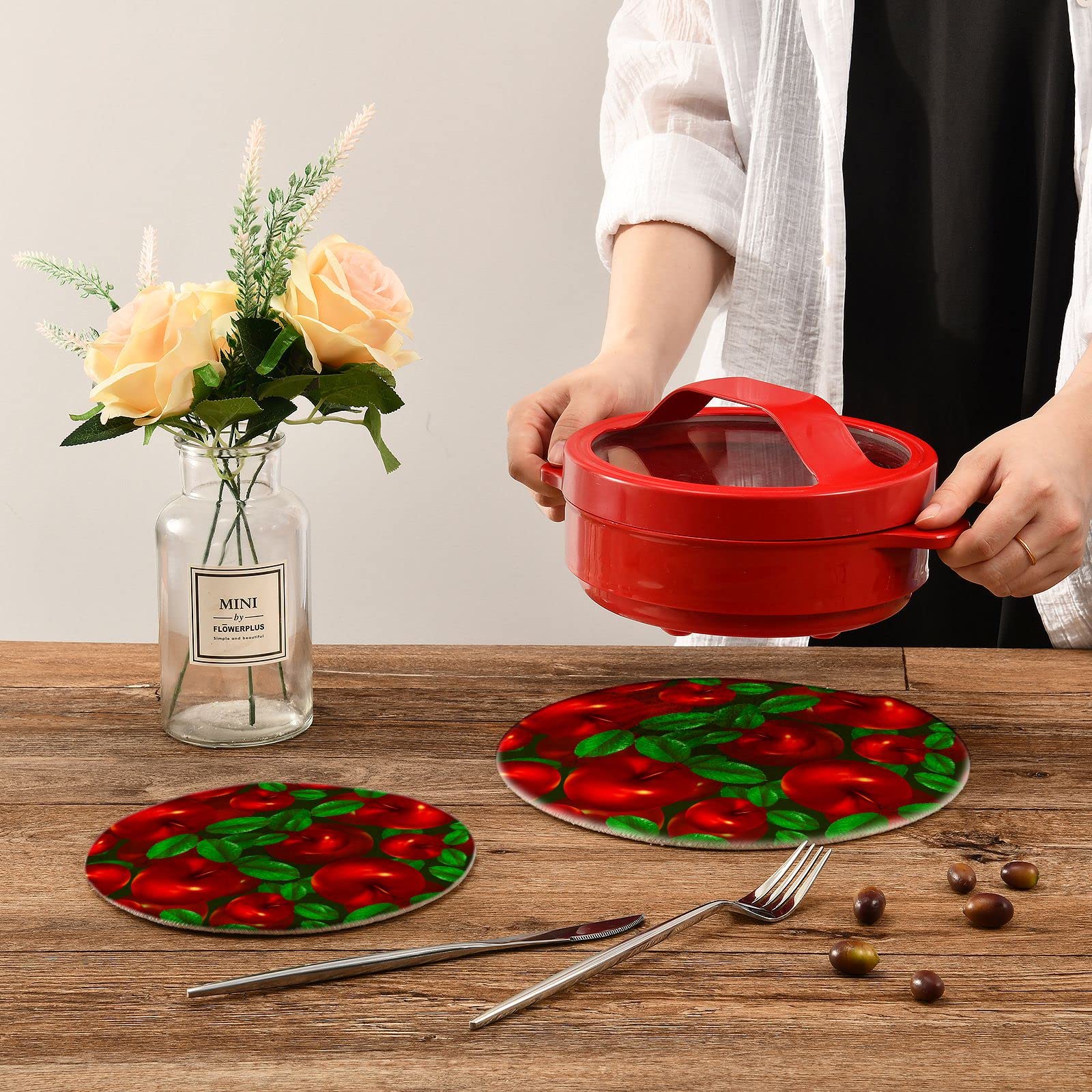 Kitchen Pot Holders Set Round Cotton Potholders Hot Pads, Hot Mats Red Apple for Hot Dishes Pot Bowl Teapot