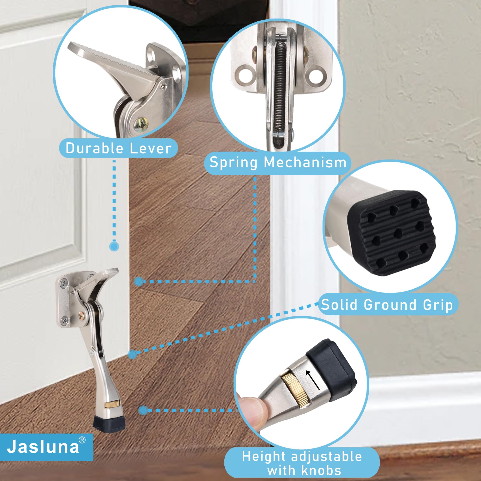 Jasluna Kickdown Door Stopper, 2-Pack Door Holder to Keep Door Open, 4-inch Commercial Heavy Duty Door Stoppers, One Touch Height-Adjustable Rubber Tips, Satin Nickel