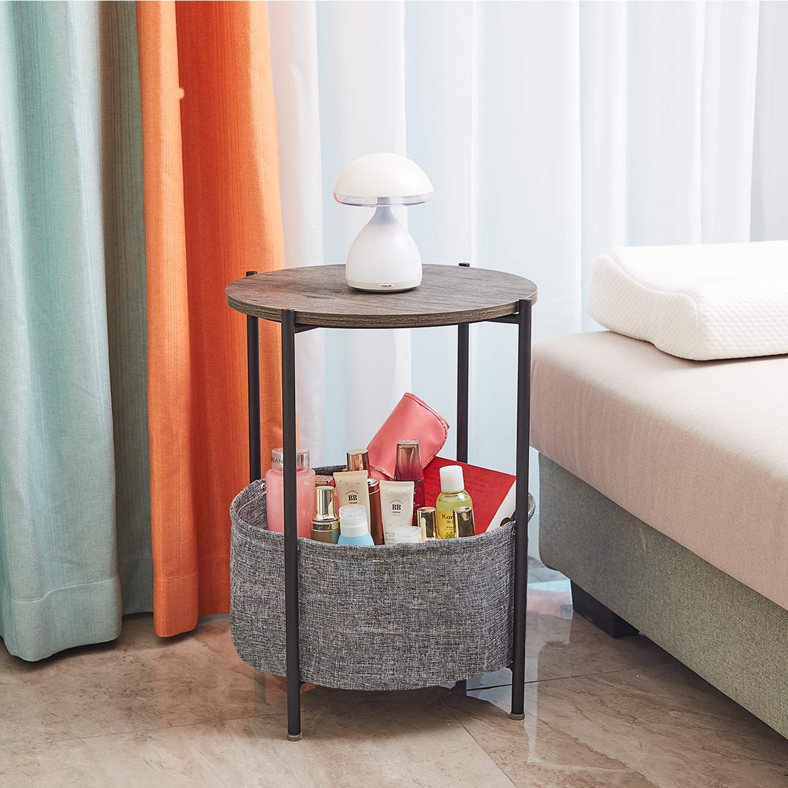 JANE EYRE Round Side Table with Storage Basket Small End Table Nightstand with Fabric Storage for Living Room Bedroom Home Office