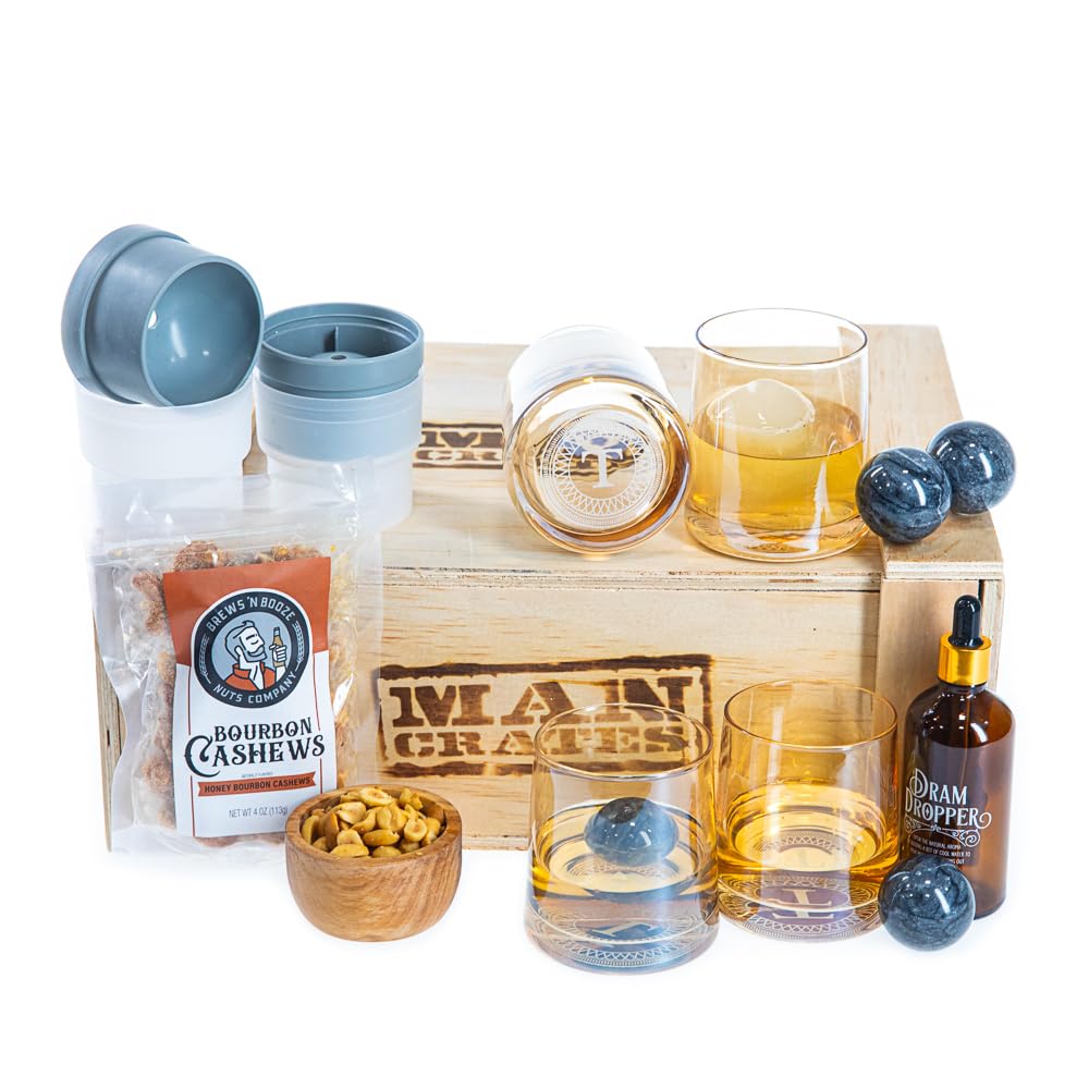 Man Crates Personalized Whiskey Crate ā Includes 4 Amber Tinted Whisey Glasses, 2 Ice Sphere Molds, 4 Whiskey Stone Spheres,and More ā Drinking Gift for Men
