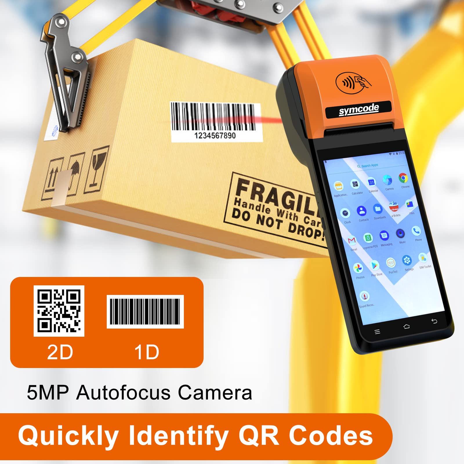 symcode POS PDA Thermal Receipt Printer,1D 2D Barcode Scanner Handheld PDA Printer Mobile POS Machine 5.5" Touch Screen 58mm Thermal Printer Android 8.1 Support 4G WiFi Bluetooth and NFC