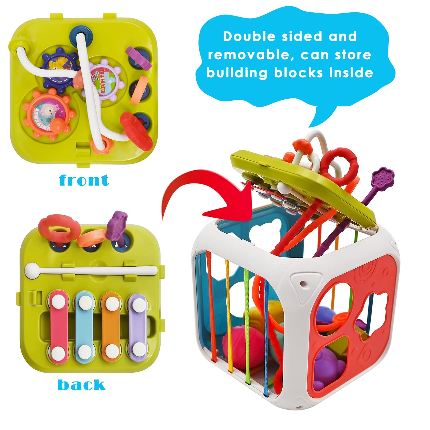 Manzelun Activity Cube for Baby,Montessori Toys for 18 Months+,Sensory Pull String Shape Sorter Baby Toys,Baby Gift