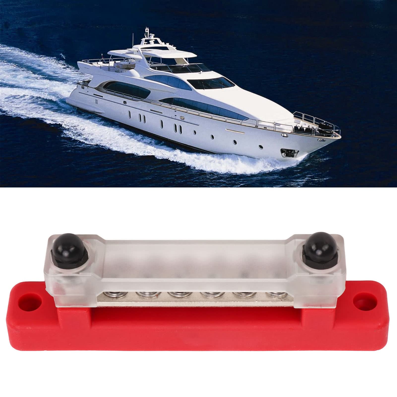 KOSDFOGE 48V 150A 6 Terminal Bus Bar Power Distribution Block with Cover M6 Studs M4 Screws for Car RV Caravan Marine Boat(Red CP-0965-02)