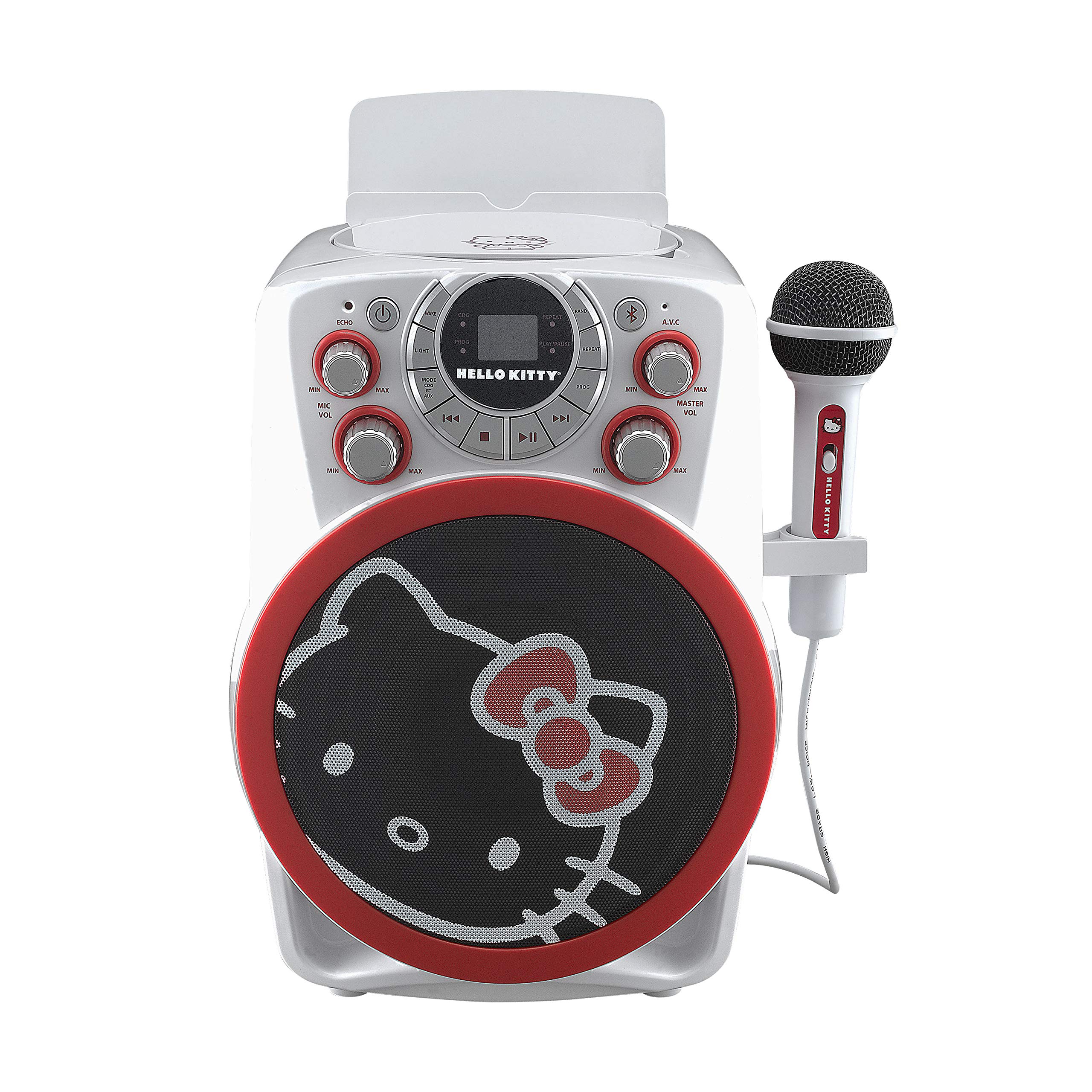 Hello Kitty Bluetooth CDG Karaoke Machine with LED Disco Party Lights, Built in Microphone for Kids, Portable Bluetooth Speaker, AVC, CDG Disks, Compatible with Samsung Apple Tablets MP3 and TV