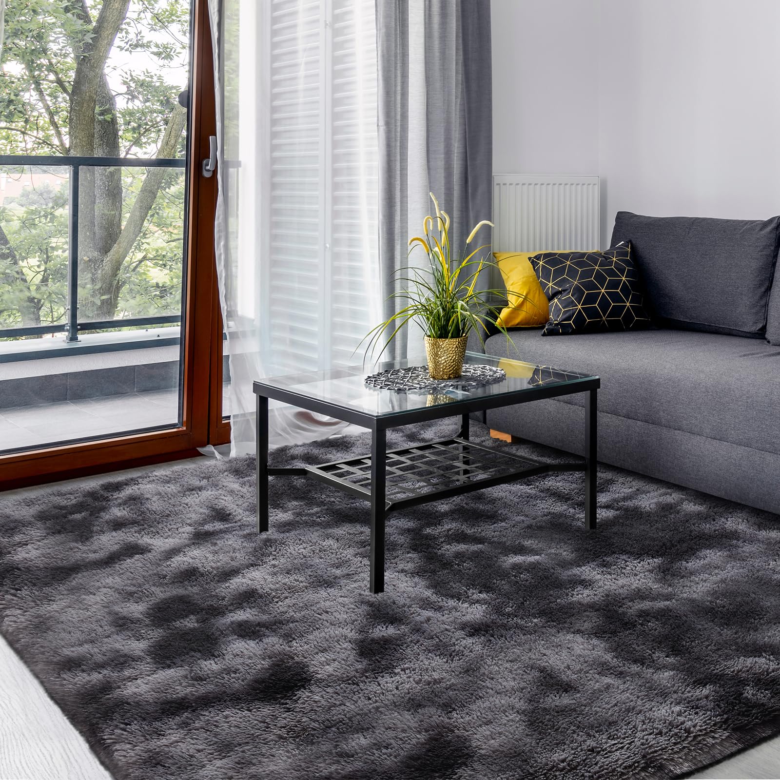 SOANNY Dark Grey Area Rugs for Living Room Bedroom, 4x6 ft Tie-Dyed Shag Lounge Carpet, Fluffy Plush Soft Throw Rug for Kids Room Nursery Indoor Furry Floor Carpets Home Decor