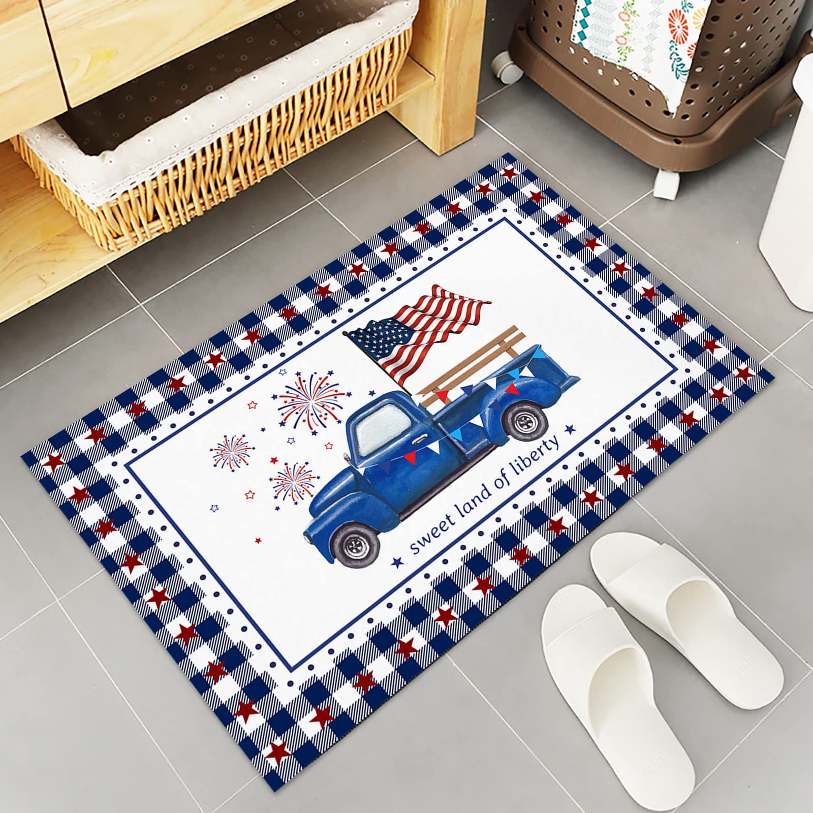 July 4th Kitchen Rugs Sets 2 Piece Floor Mats Independence Day Buffalo Plaid Blue Truck Stars Doormat Non-Slip Rubber Backing Area Rugs Carpet Inside Door Mat Pad Sets-15.7" x 23.6"+15.7" x 47.2"