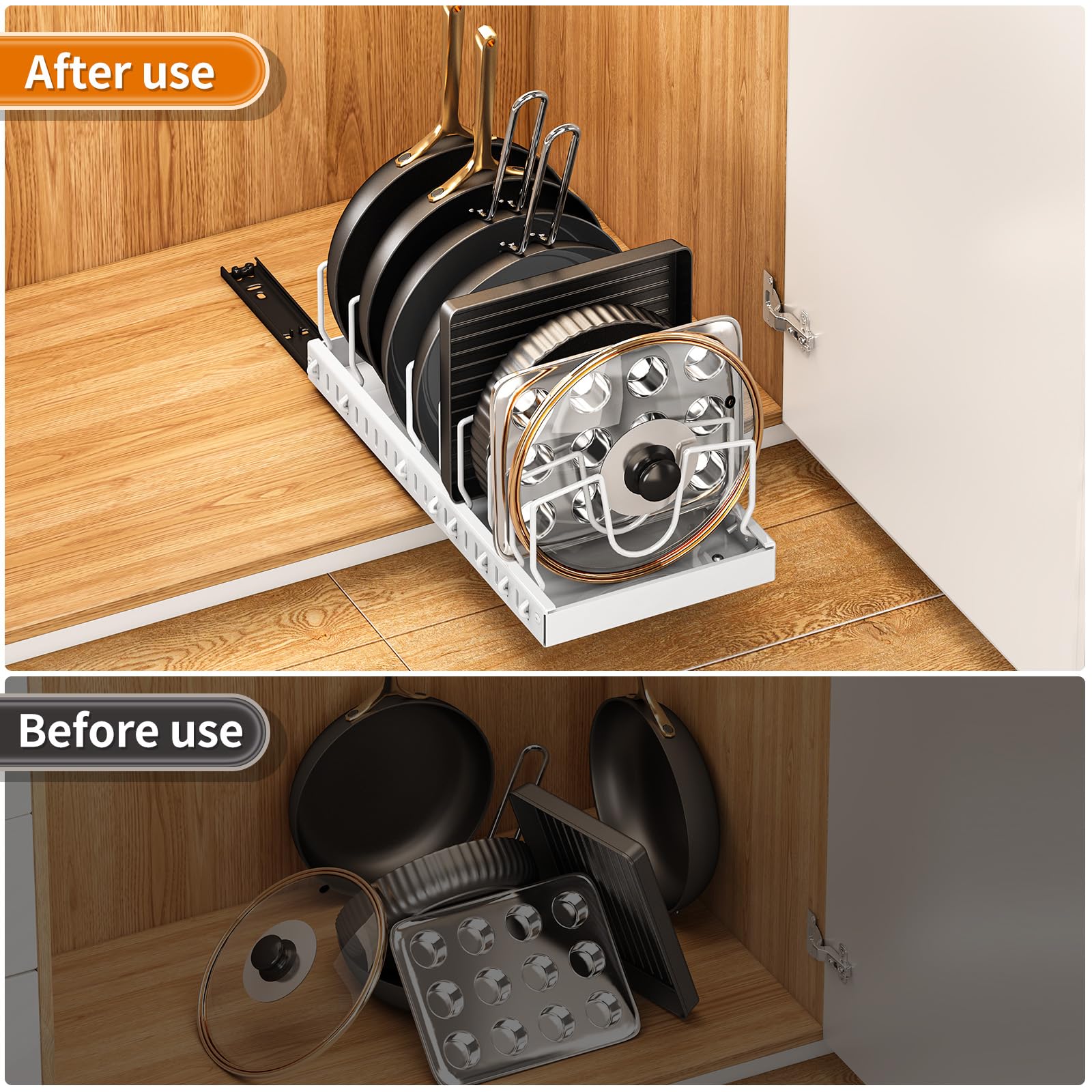 Pots and Pans Organizer Under Cabinet, 2 Pack Pull Out Cabinet Organizers for Kitchen, Pan Organizers Inside Cabinet and Storage with 8 Adjustable Dividers