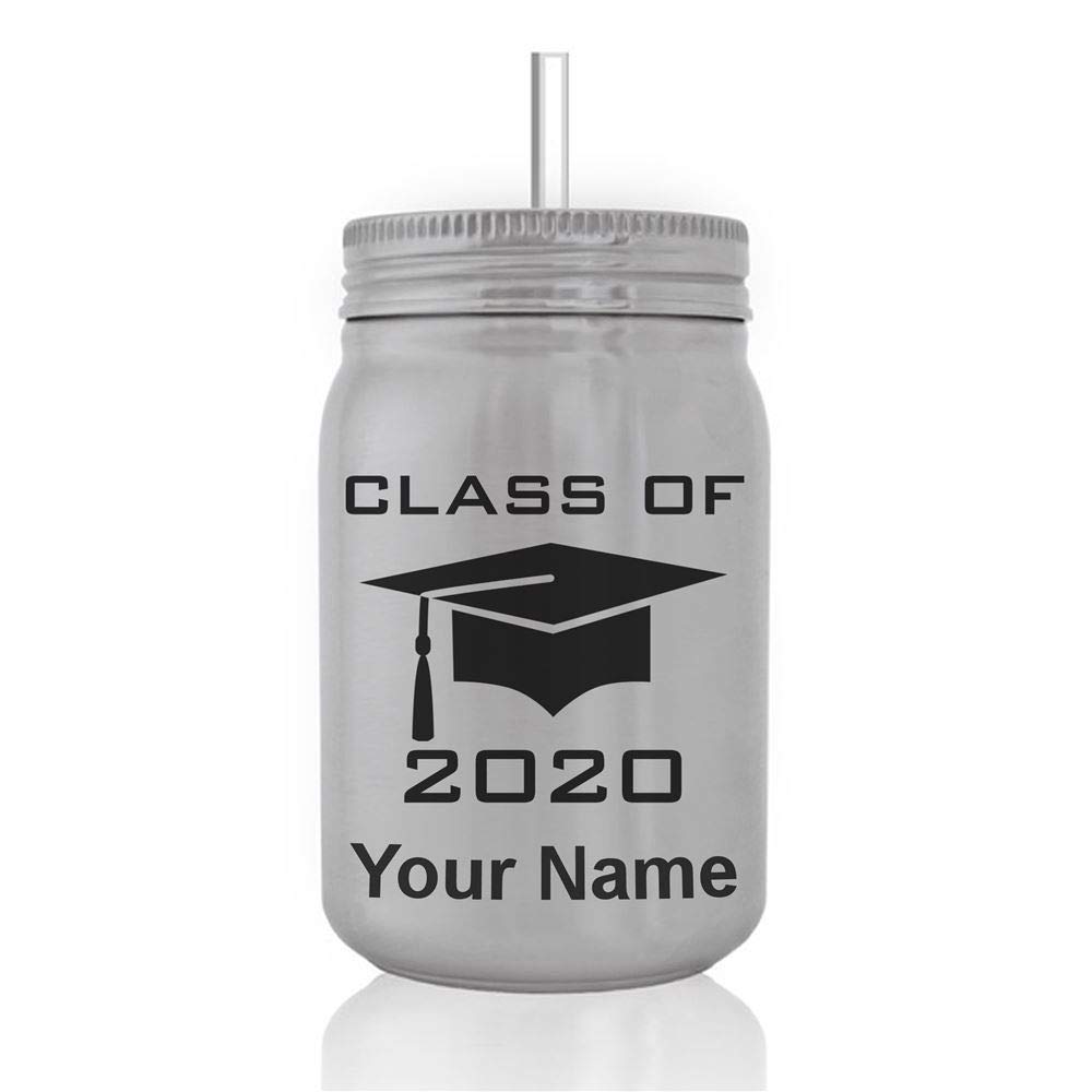 LaserGram Mason Jar Sports Water Bottle, Grad Cap Class of 2020, 2021, 2022, 2023 Personalized Engraving Included