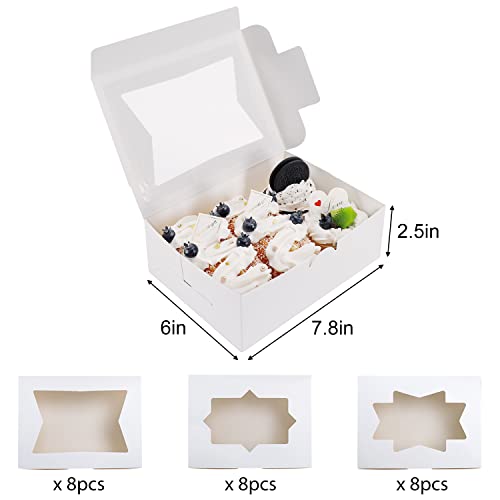 Moretoes 24pcs 8x6x2.5 Inches Cookie Treat Boxes White Bakery Boxes with 3 Style Window for Cookie, Pastry, Dessert,Chocolate Covered Strawberry and Candy GIft-giving