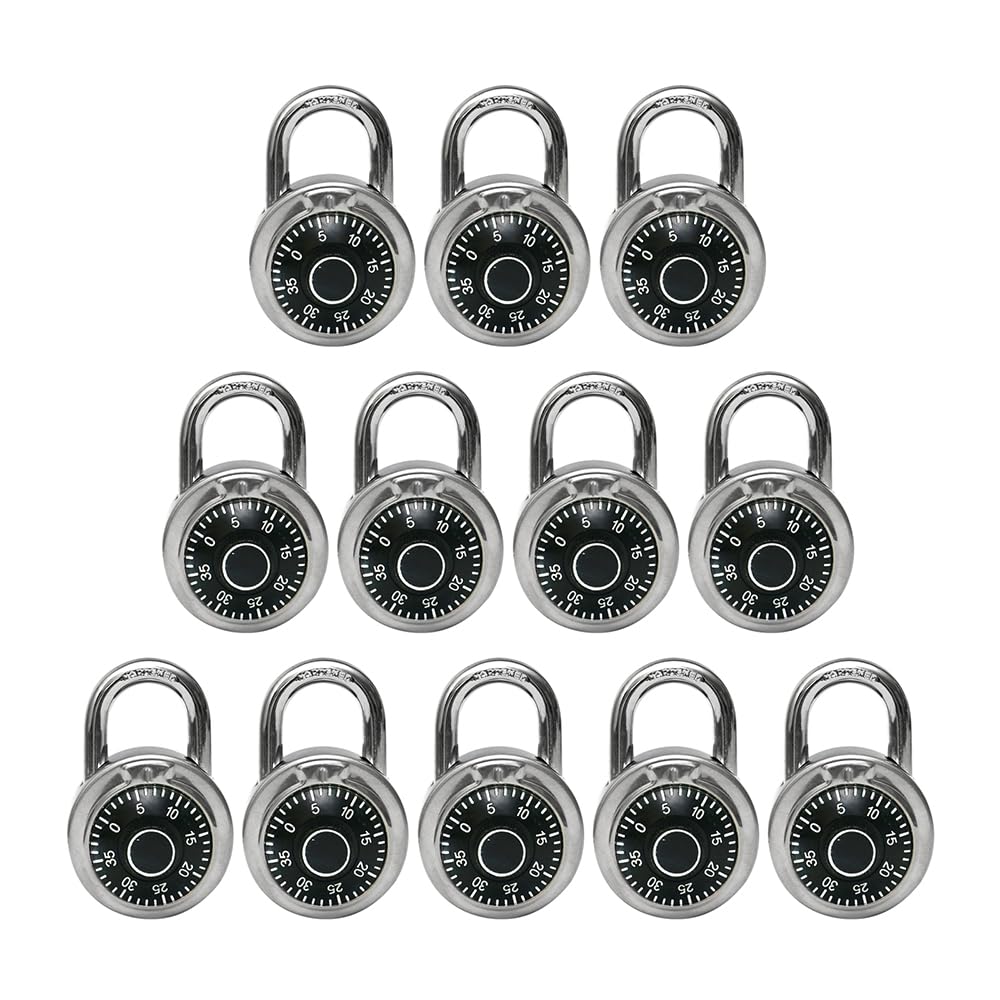 LanuBe Lock Standard Dial Combination Lock, 2 in. Wide, with Different Combinations, Black Turnplate, Pack of 12; Lock for School, Employee, Gym Sports Locker, Case, Toolbox, Fence and so on