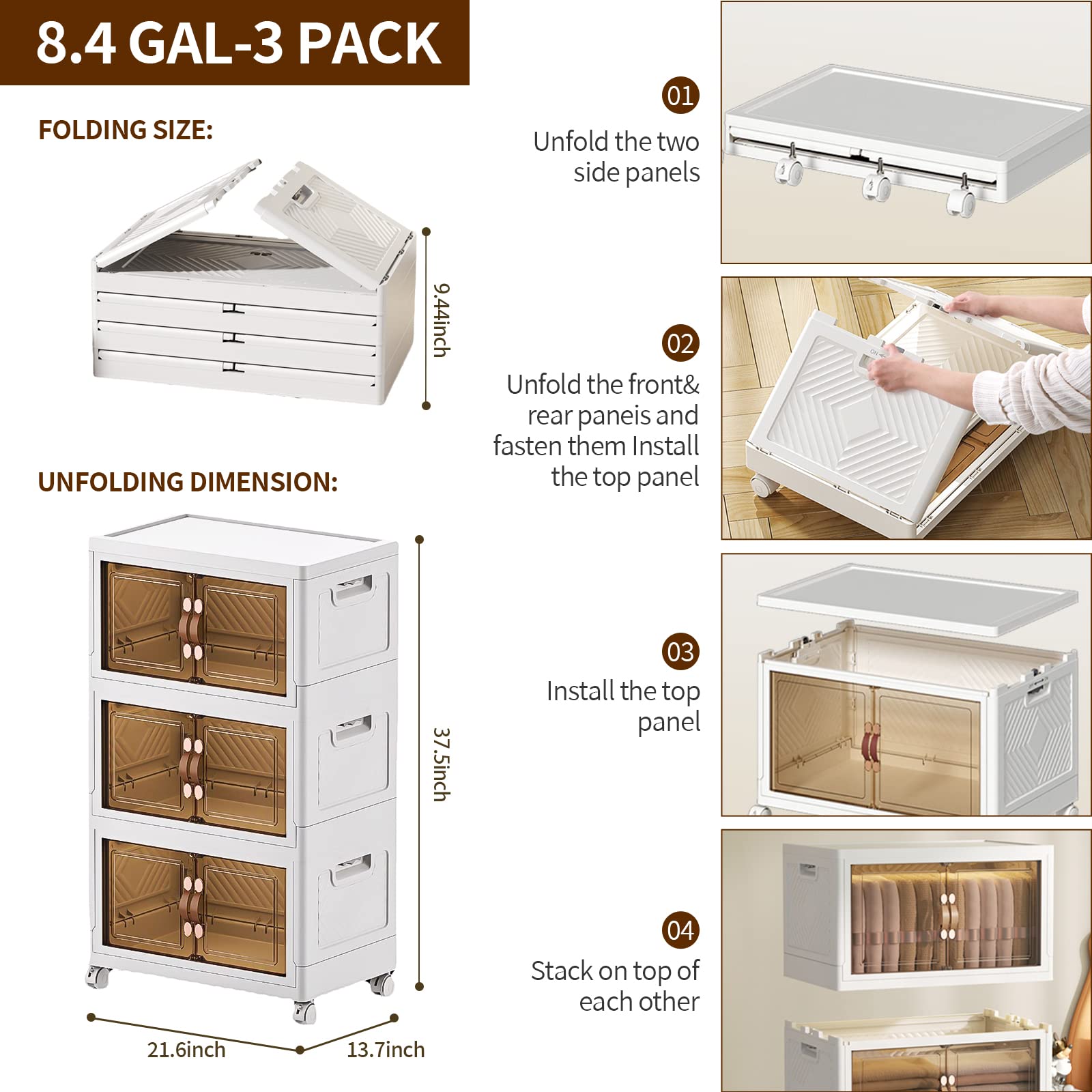 HPONQIONE Foldable Plastic Storage Box With Wheels and Doors XLLarge Storage Bin with Lid Organizers Stackable Storage Bins, Closet Organizers Double Door Magnetic with Universal Pulley(8.4Gal-3Pack)