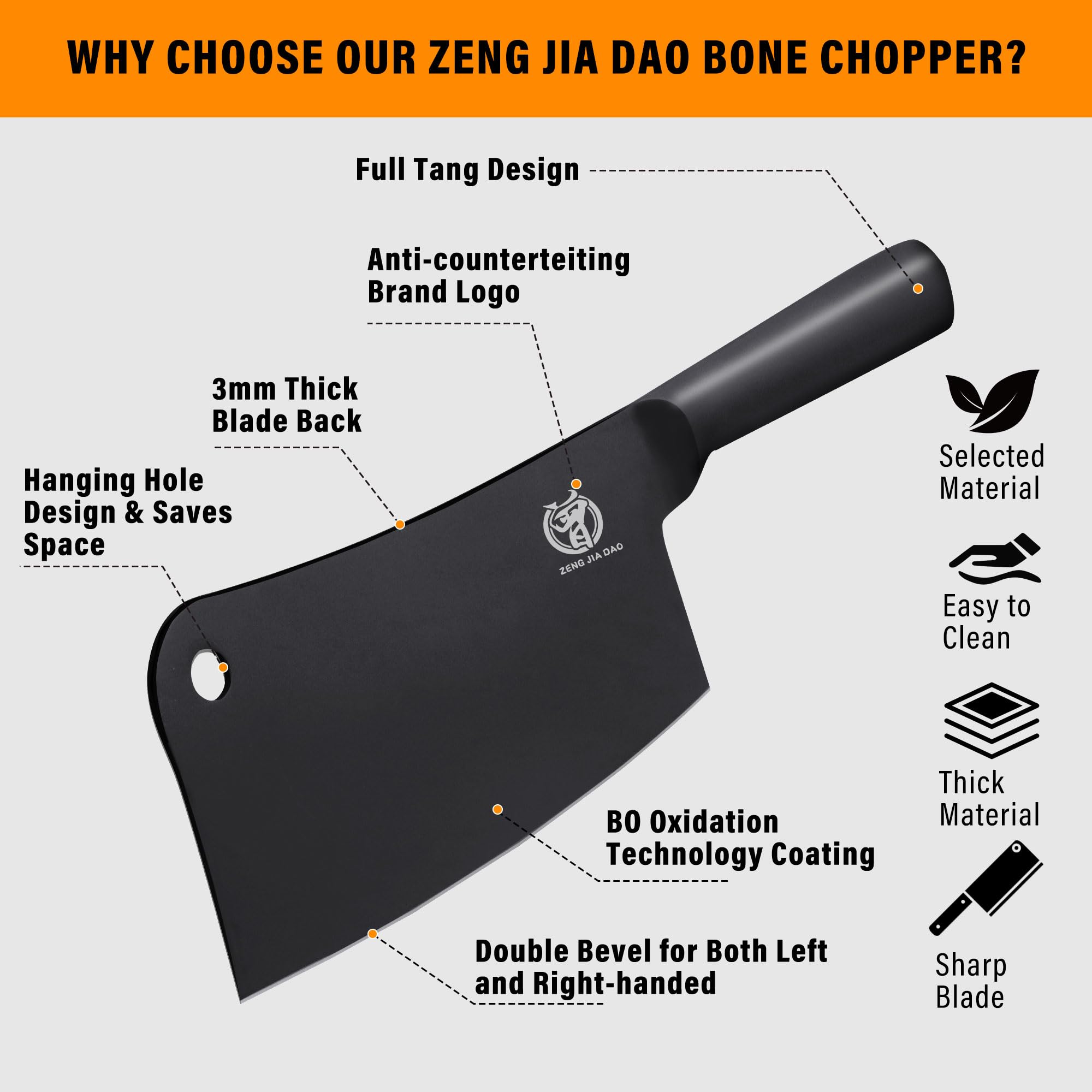 ZENG JIA DAO Meat Cleaver Knife, 6.7" Stainless Steel Butcher Chopper with Black Coating Ergonomic Sturdy Handle 2024 Gift