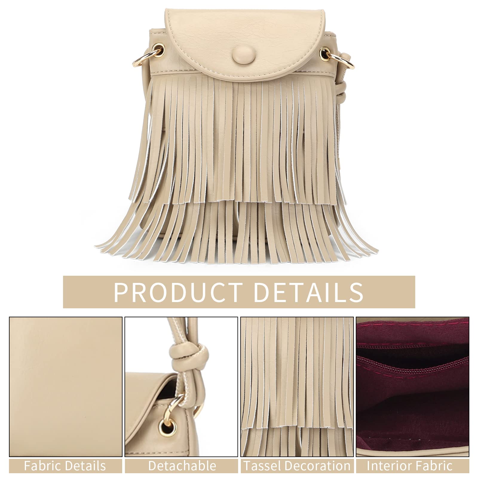 MAXWISE Fringe Small Crossbody Purse Bag For Women Tassel Shoulder Bag(Beige)