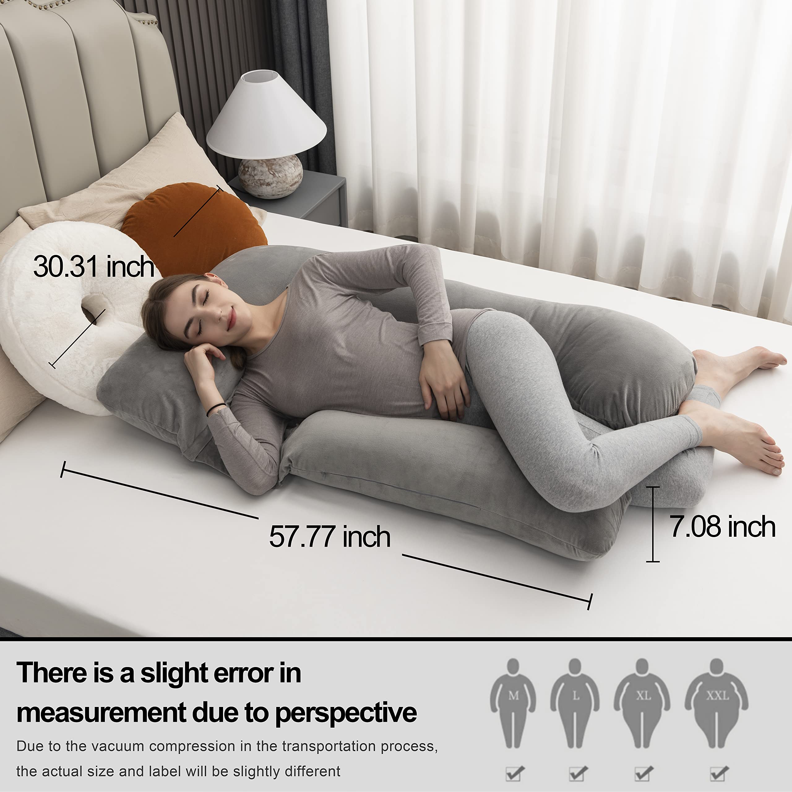 QSCESICO Pregnancy Pillows for Sleeping - Body Pillow for Pregnancy - Memory Foam and Fiber Clusters Maternity Pillow with Removable Washable Velvet Cover(U Shape,Grey