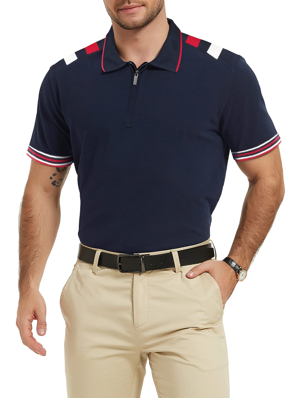 Konfuzianismus Mens's Color Blocking Polo Shirt Cotton Short Sleeve Knit Casual Collared Shirts H-Green