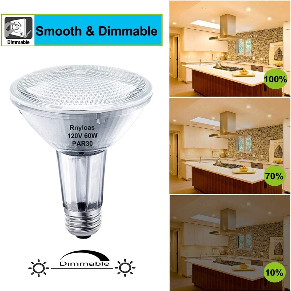 Rnyloas PAR30 Long Neck, 6PCS PAR30 60W 120V Flood Dimmable, PAR30 Halogen Bulb Long Lasting Lifetime with E26 Medium Base, PAR30 Flood Light High Brightness & CRI100 for Recessed Lighting