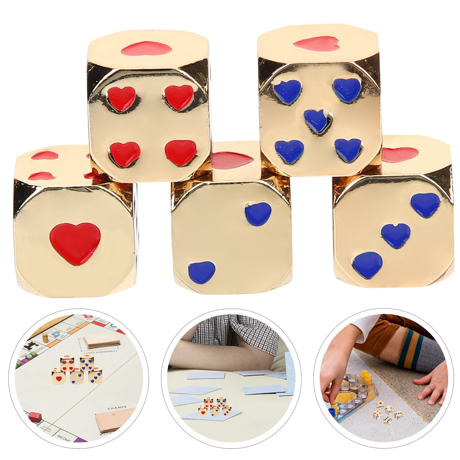 NUOBESTY 5Pcs Metal Dice Toys, Decorative Dice with Heart Dots Board Games Dice Games Party Props and Classroom Supplies
