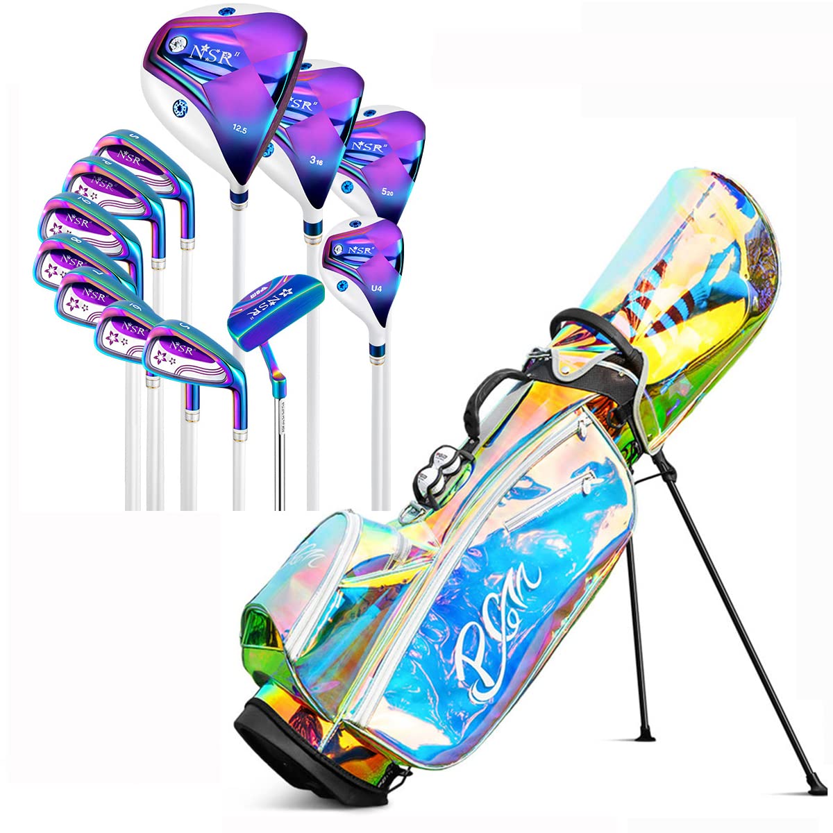 LOWLO Women~'s Complete Golf Clubs Package Set Includes Driver, Fairway, Hybrid, 5#-P# Irons, Putter, Golf Stand Bag, Head Covers, Right Handed