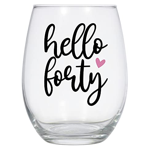 Laguna Design Co. Hello 40 Wine Glass, 21 Oz, 40th Birthday Wine Glass, 40, 40th, Black and Pink