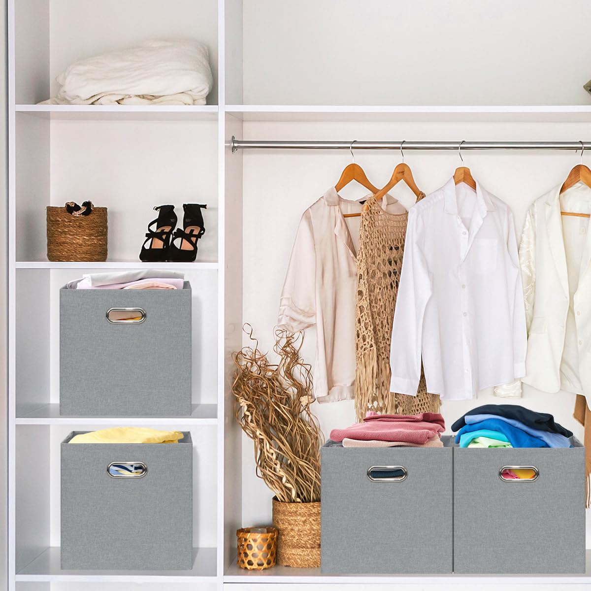 Storage Cube Basket Bins, Foldable Storage Boxes with Handles for Organization Shelf Closet, 12x12x12, Pack of 2, Beige