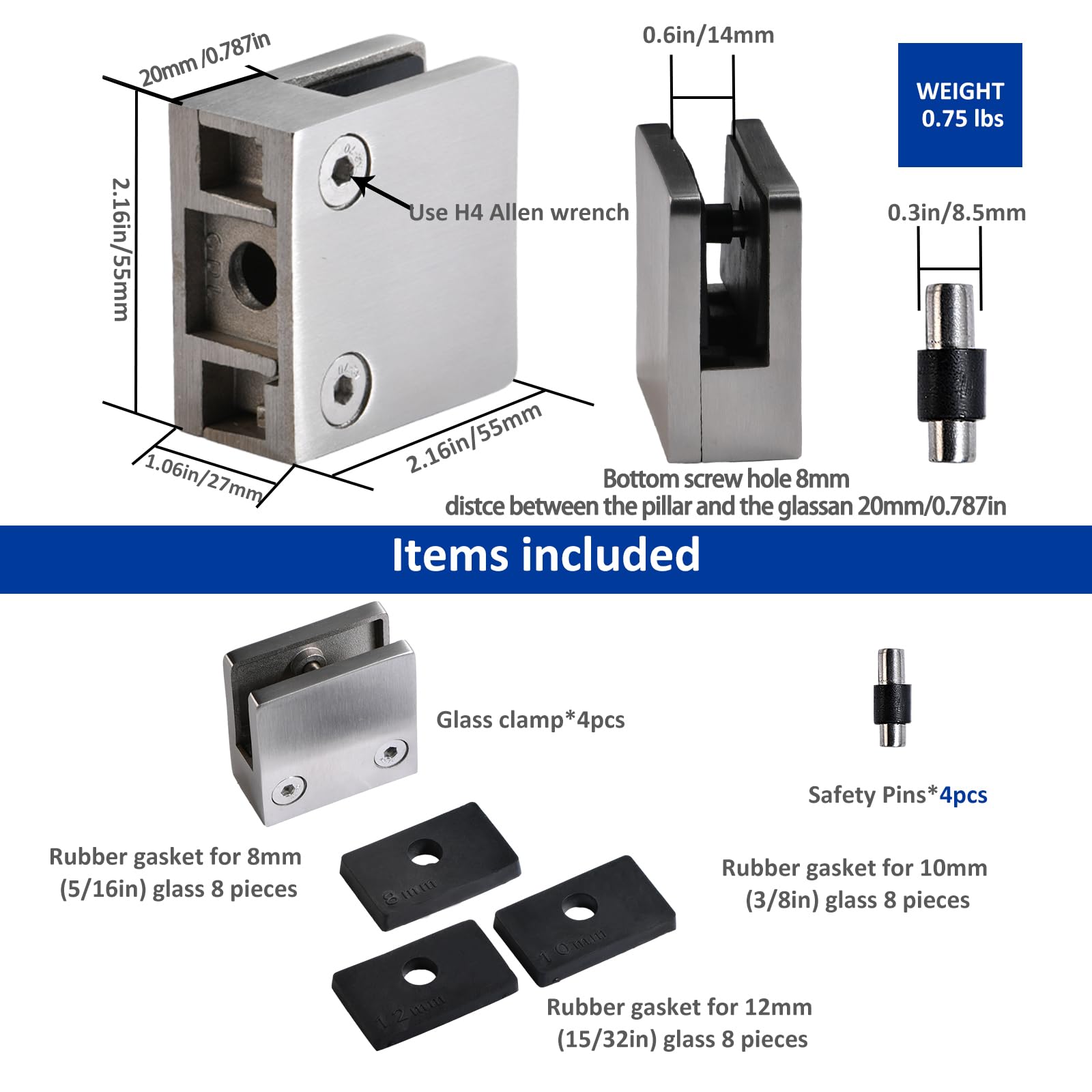 Glass Clamp-4PCS Adjustable Glass Shelf Bracket, 1/3 "-1/2 " 304 Stainless Steel Glass Clamps, Glass Clamp Bracket Is Suitable for Railing, Stairs, Glass Wall, All Kinds of Glass (Silver-4pcs)